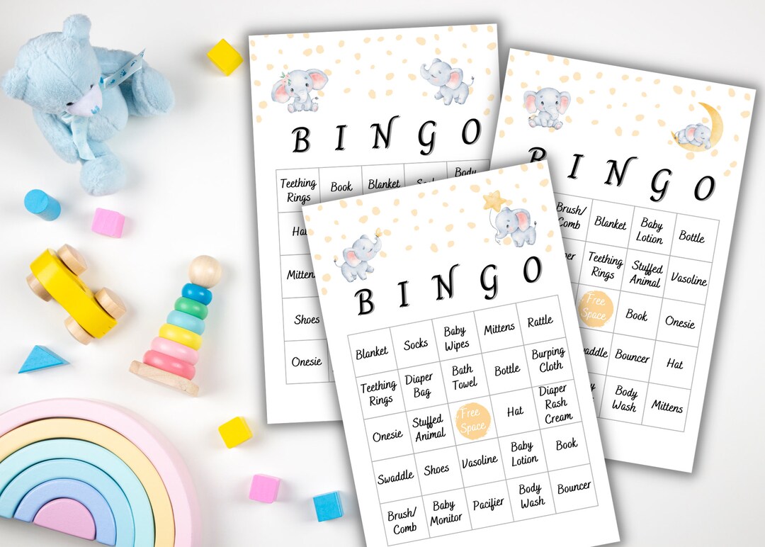 24 Elephant Baby Shower Bingo Boards Prefilled Cute Elephant Shower ...