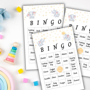 24 Elephant Baby Shower Bingo Boards Prefilled Cute Elephant Shower ...