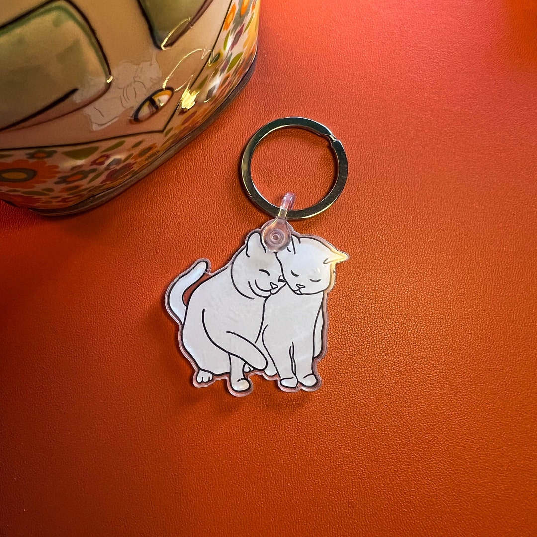 Acrylic Cat Keychain - Cute Love Cats, White & Black Outline, Cat Lover ...