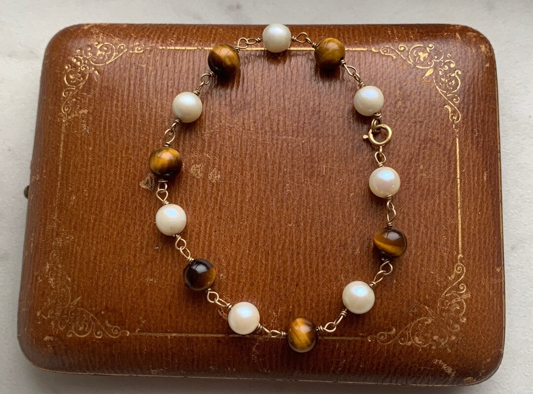Vintage 14K 585 Gold Pearl Tigers Eye Bead Bracelet - Etsy