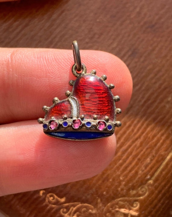 Antique 900 800 Silver Enamel Paste Crown Hat Heart L… - Gem