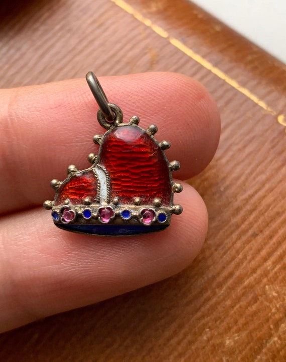Antique 900 800 Silver Enamel Paste Crown Hat Heart L… - Gem