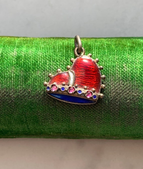 Antique 900 800 Silver Enamel Paste Crown Hat Heart L… - Gem