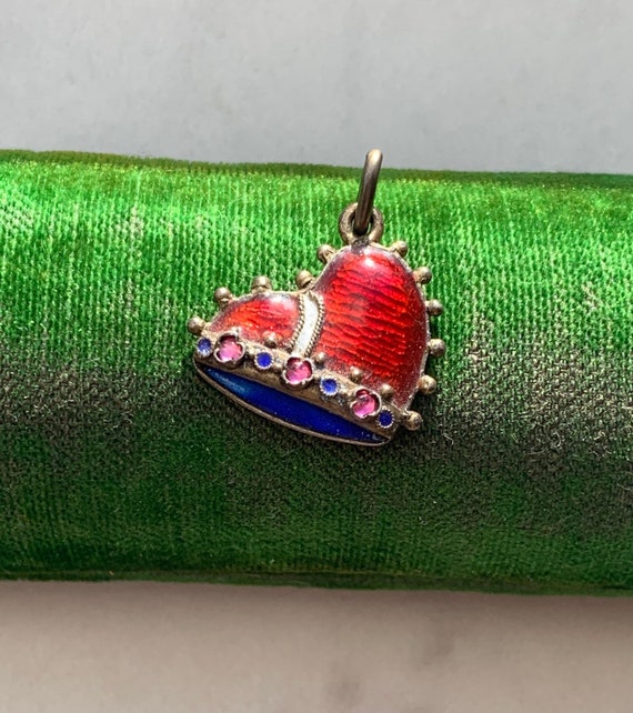 Antique 900 800 Silver Enamel Paste Crown Hat Heart L… - Gem