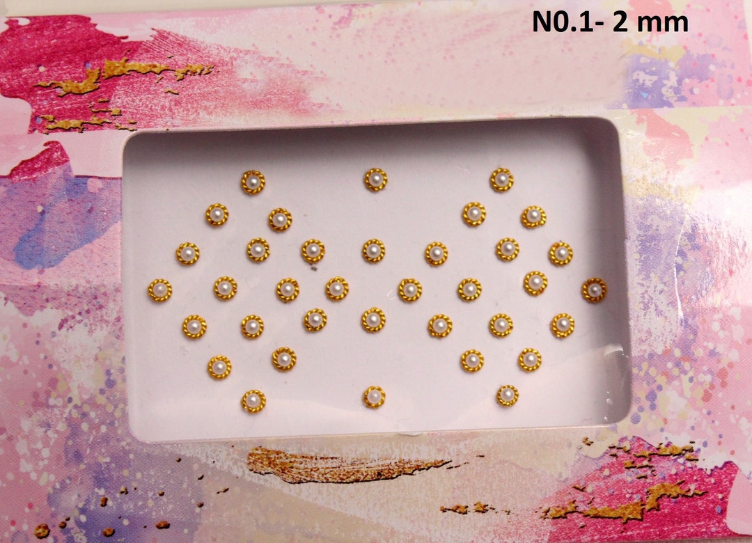 White Pearl Bindis Stickers: Round Gold Base, Self Adhesive Face Jewels ...