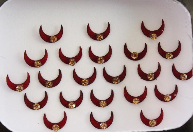 Half Moon Bindis: Brown Velvet Forehead Stickers With Gold Rhinestone ...