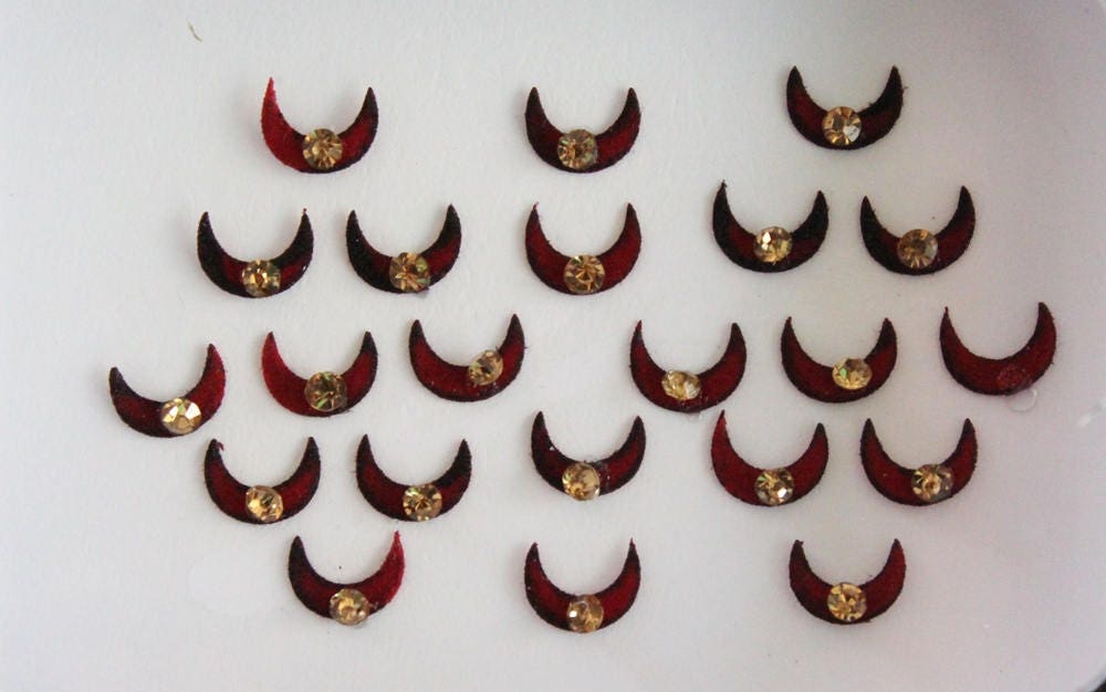 Half Moon Bindis: Brown Velvet Forehead Stickers With Gold Rhinestone ...