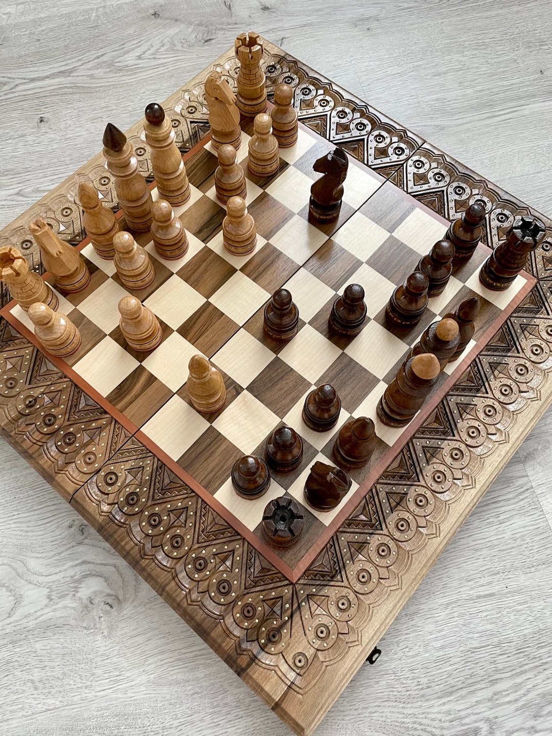 Hand Carved Chess Table Board Set With Storage, Chess Lover Gift ...