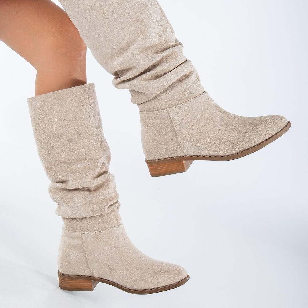 Beige Suede Slouch Boots, Beige Boots, Tall Boots, Beige Slouch Boots ...
