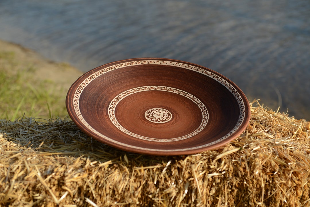 Big Ceramic Plate 16.5 Inch Red Clay Brown Dish for Fruit, Meat Thrown ...