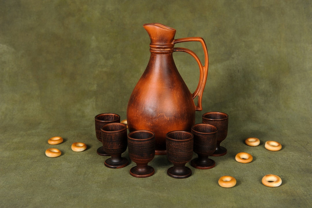 Ceramic Set Jug With 6 Shot Glasses Wedding Gift Red Clay Wine-glasses ...
