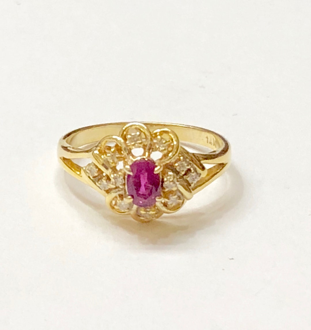 Vintage Gold Ruby Ring, Solid 14K Yellow Gold Genuine Ruby and Diamond ...