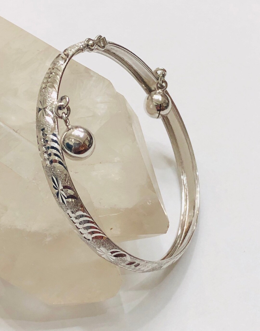 18K White Gold Baby Bangle With 2 Bell Charms, White Gold Diamond Cut ...