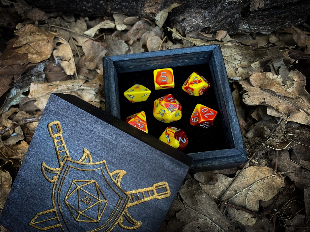 Fire Red and Yellow Dice Set in Personalised Wooden Gift Box D&D ...