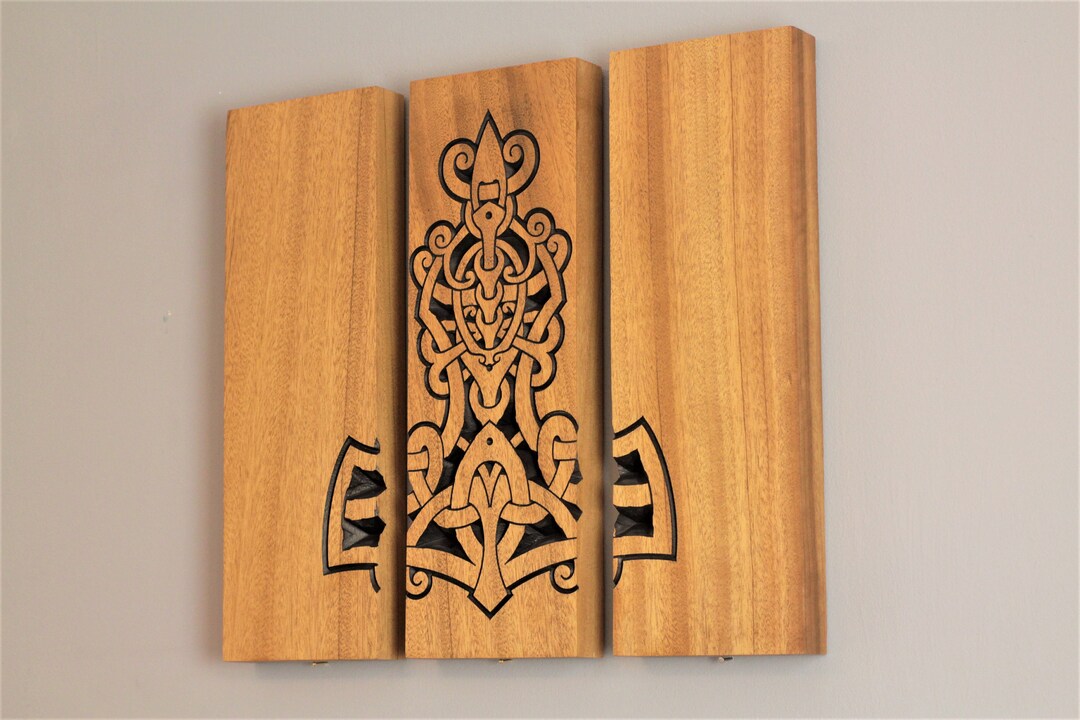 Carved Solid Walnut Mjolnir Norse Design Wall Art Wooden Sign Viking ...