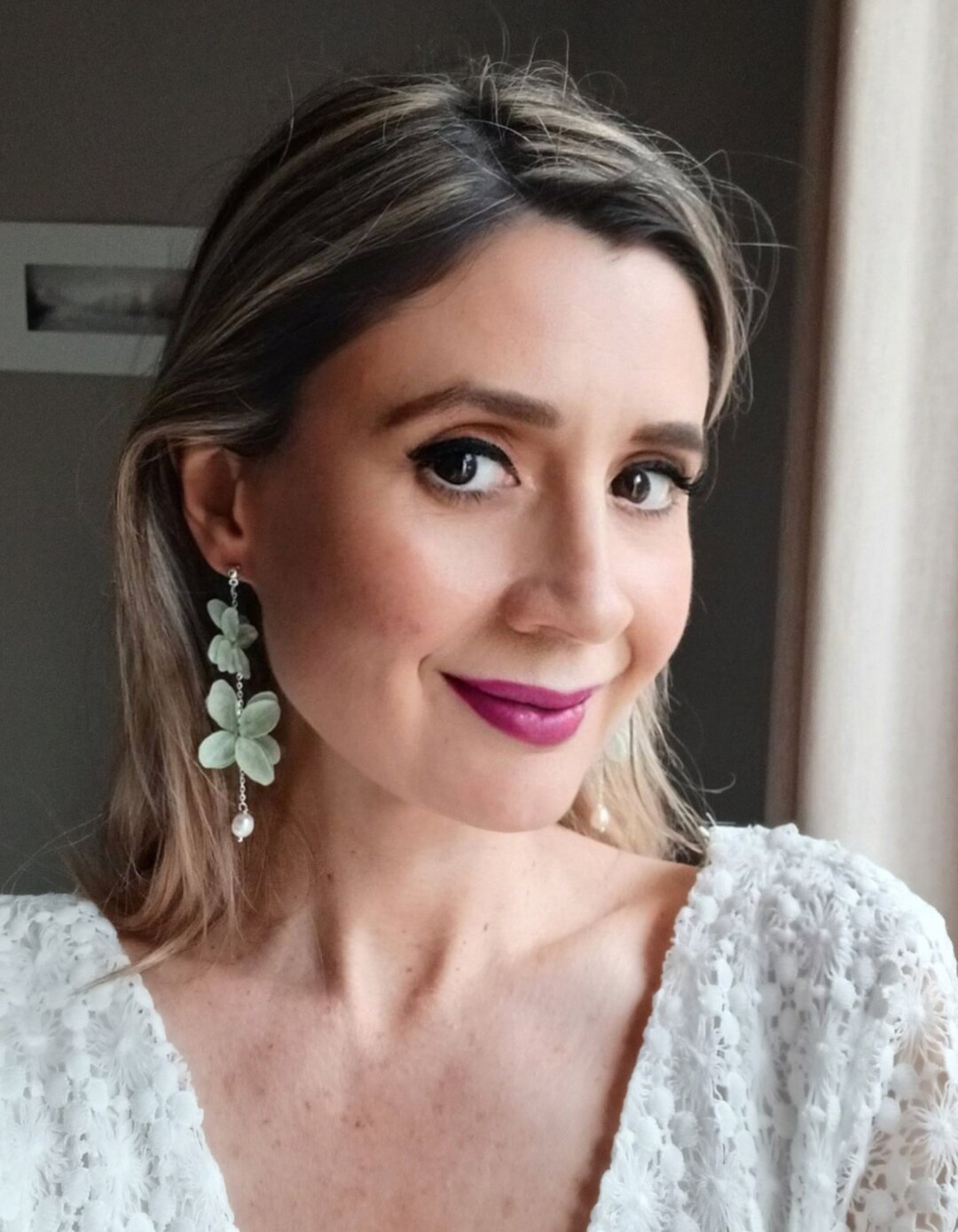 Natural Sage Green Double Flower Drop Earrings With Natural White ...