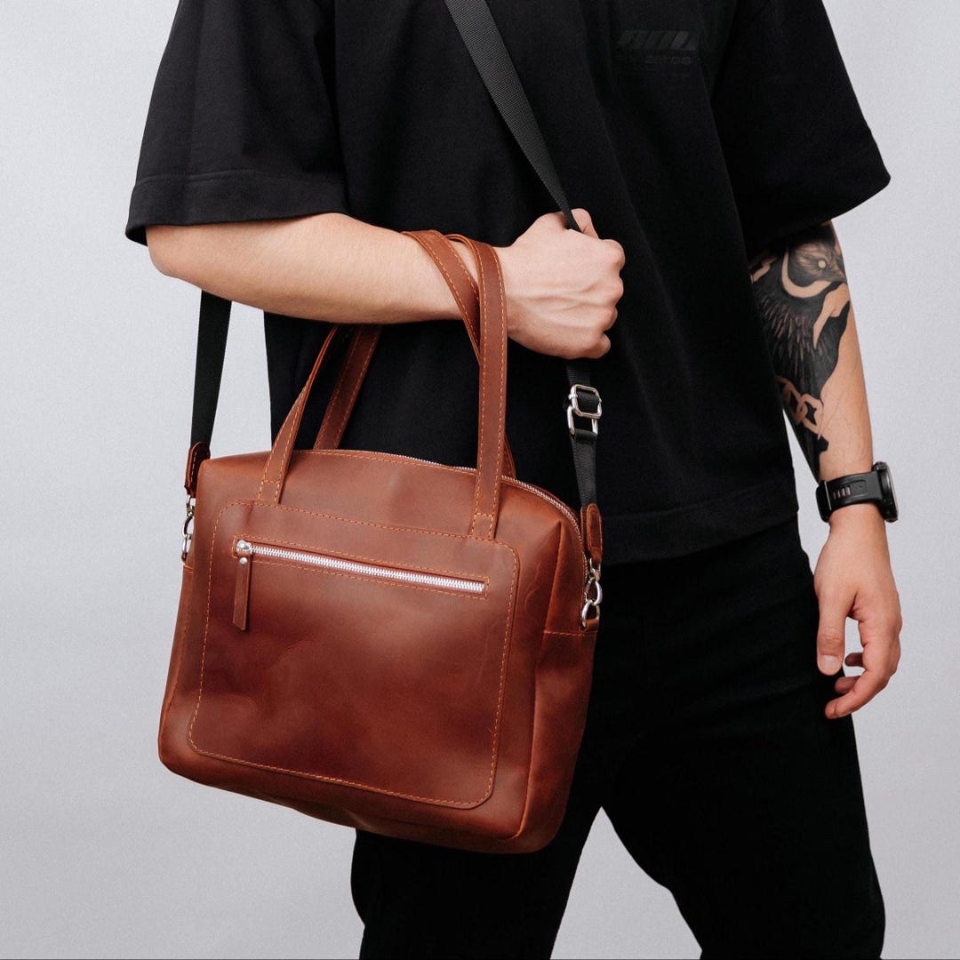 Leather Laptop Bag, Computer Shoulder Bag With Handles, Leather Work ...