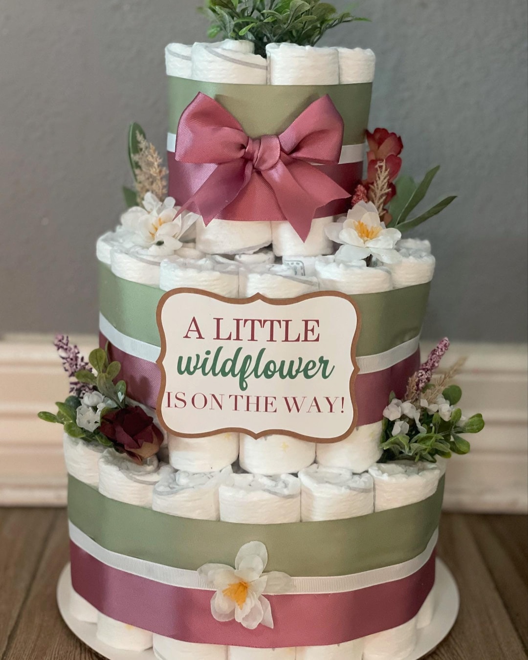 Floral Diaper Cake| Greenery Diaper Cake| 3 Tier Diaper Cake ...