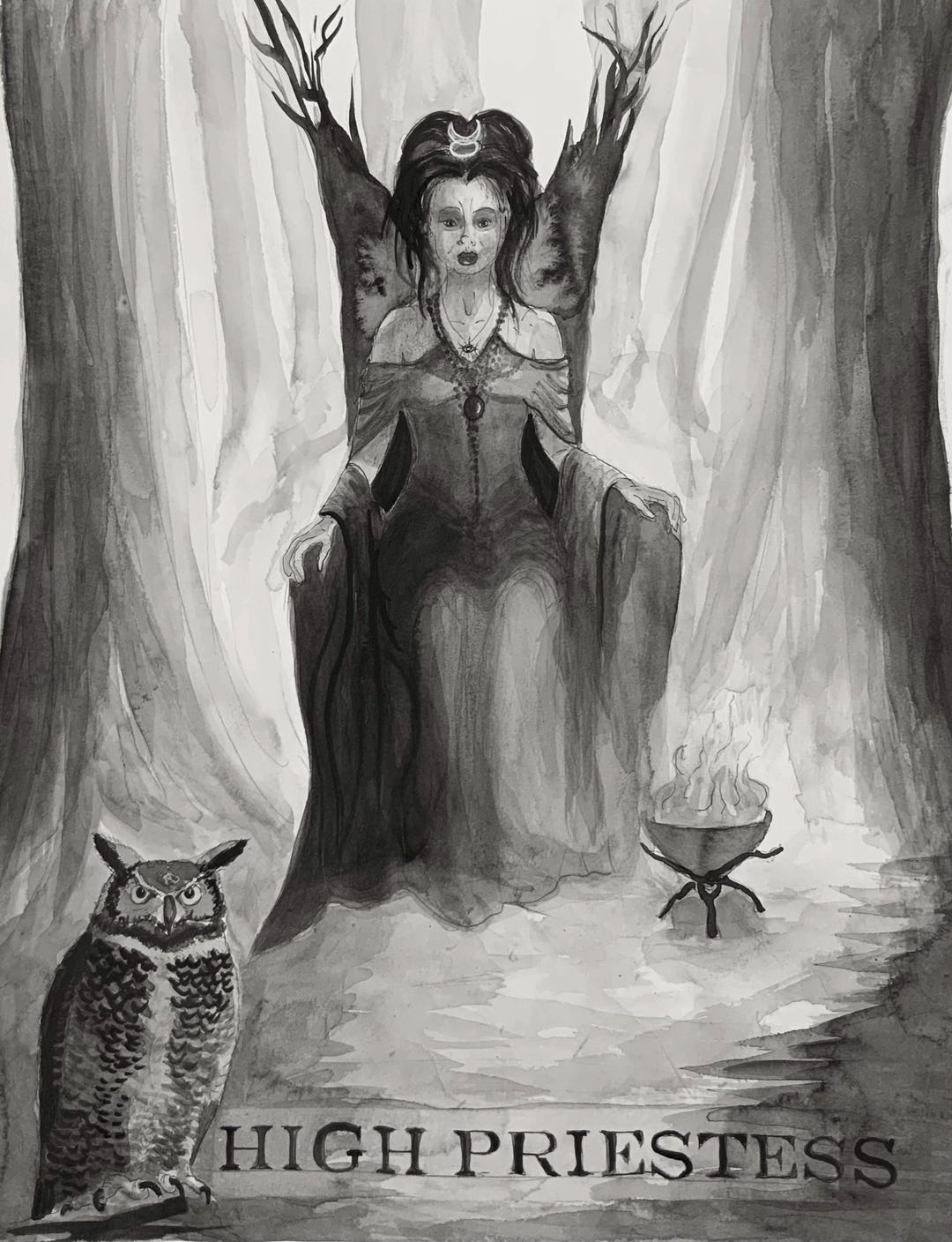 Blackened Tarot High Priestess Ink Wash Painting Print - Etsy
