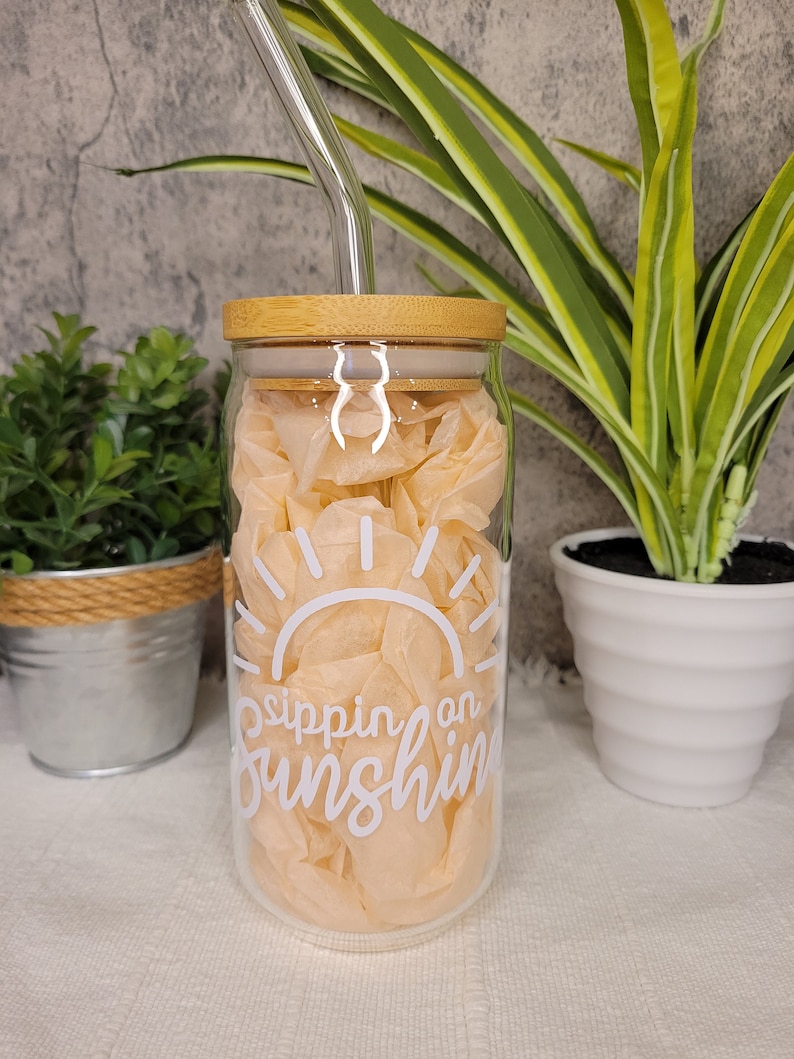 Sippin on Sunshine Glass Can Cup With Lid and Glass Straw, 20oz, Iced ...
