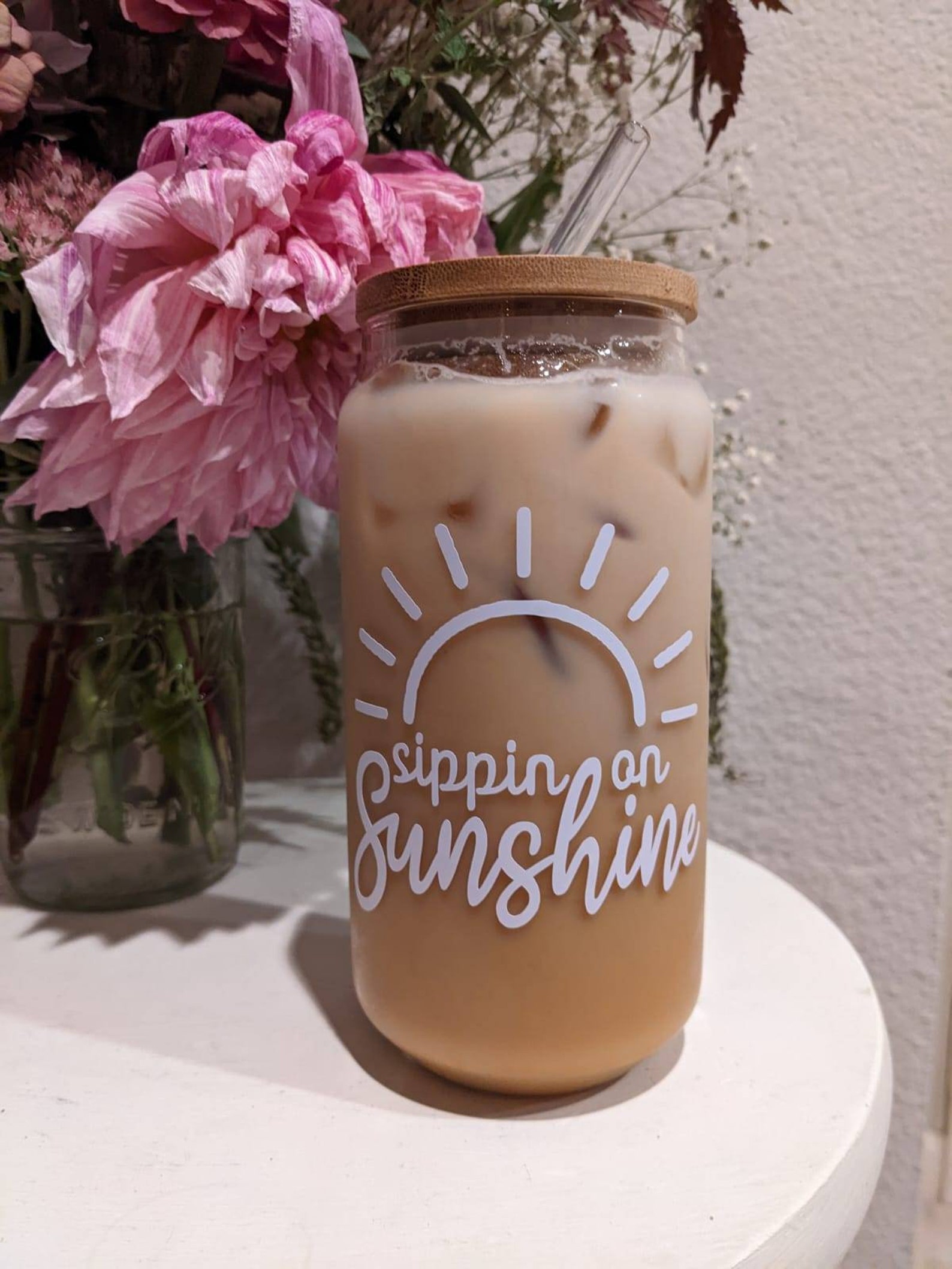 Sippin on Sunshine Glass Can Cup With Lid and Glass Straw, 20oz, Iced ...