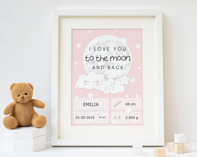 DIY Birth Poster "hello Baby" Pink - Wall Art for Girl's Nursery / Baby ...