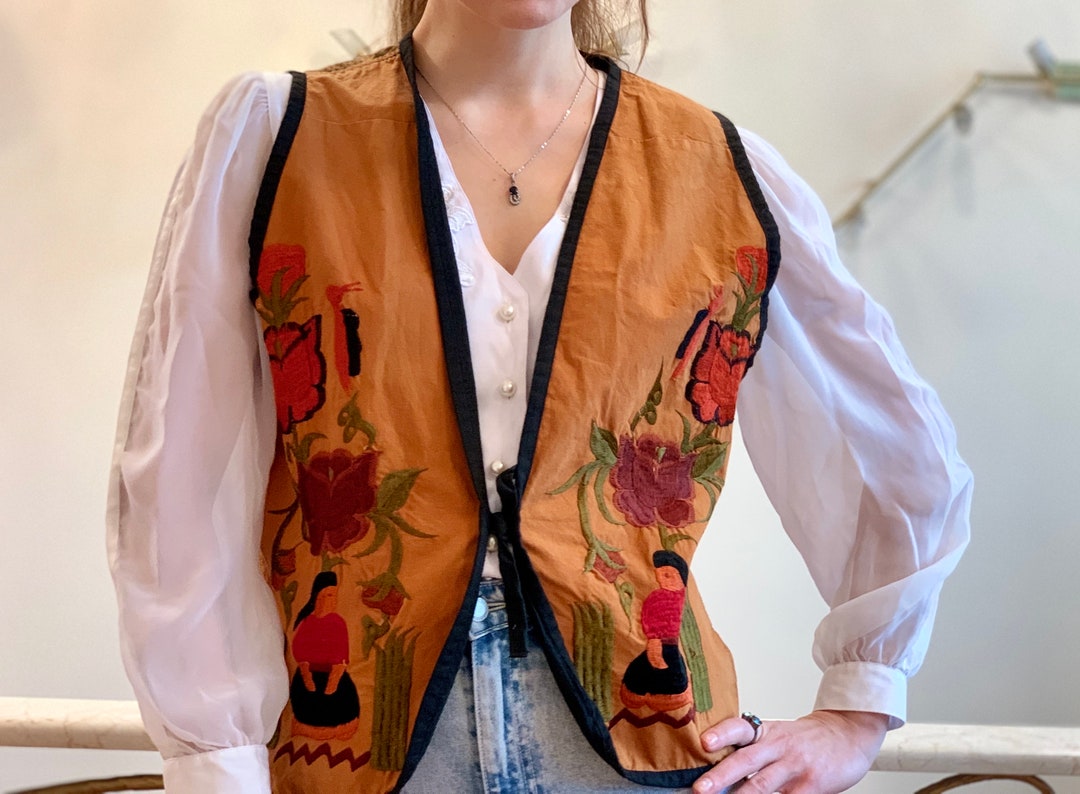 Boho Chic Vintage Orange Floral Embroidered Waistcoat Unique Festival ...