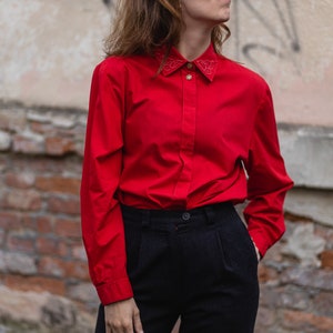 Classic Vintage Red Blouse With Embroidered Collar. Women Elegant ...