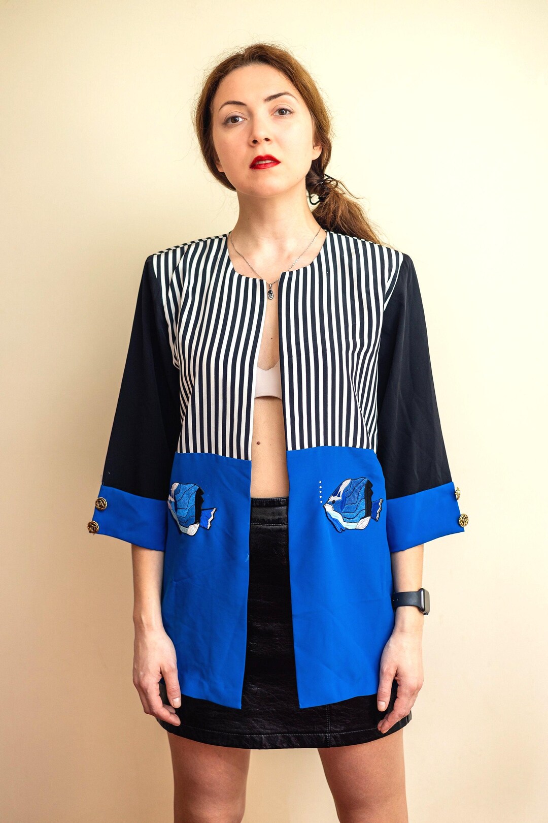 Vintage Nautical Statement Jacket – Bold Striped Fish Print Blazer ...