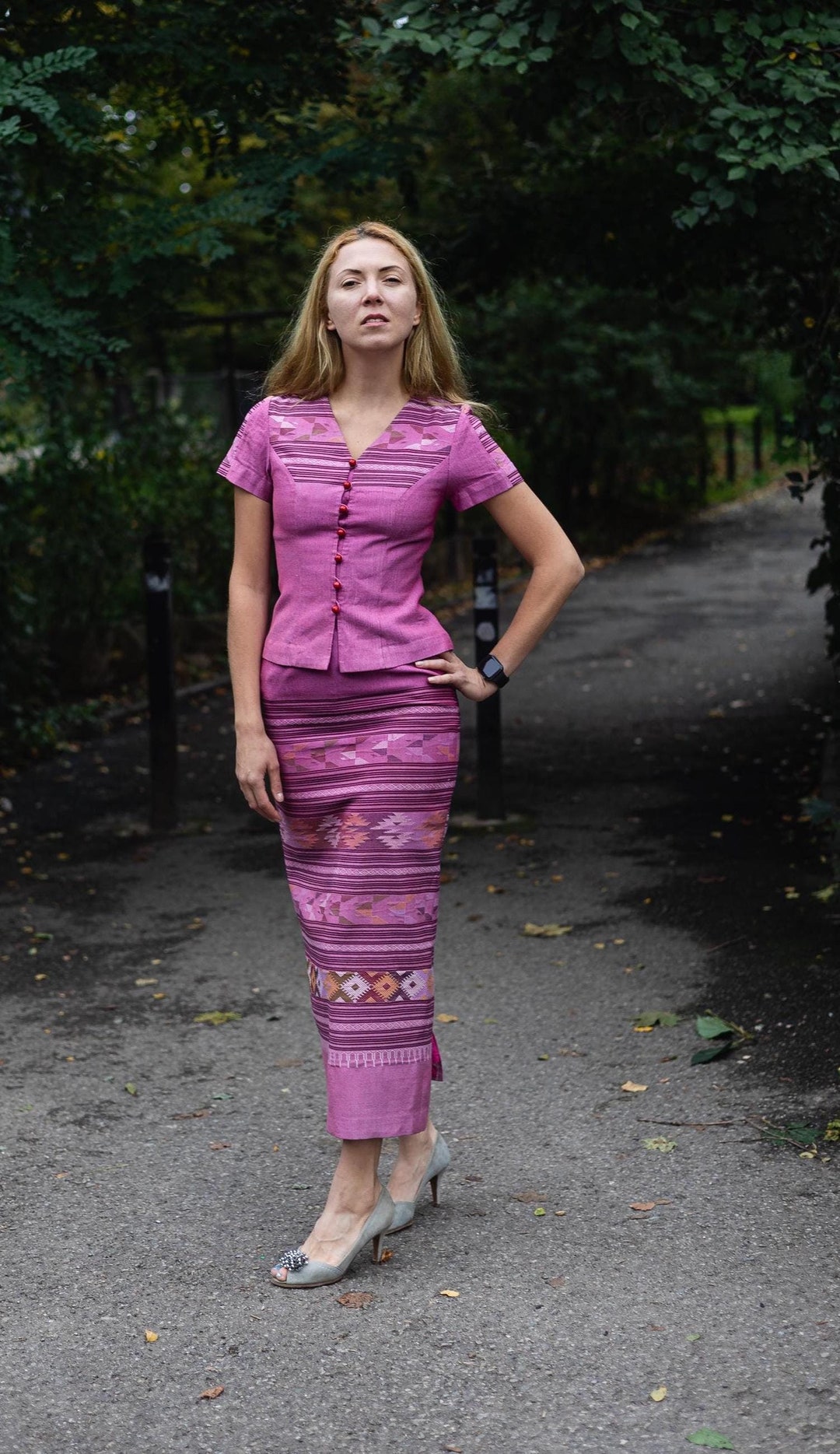 Vintage Cottagecore Suit Set - Pink Blouse With Long Pencil Skirt ...