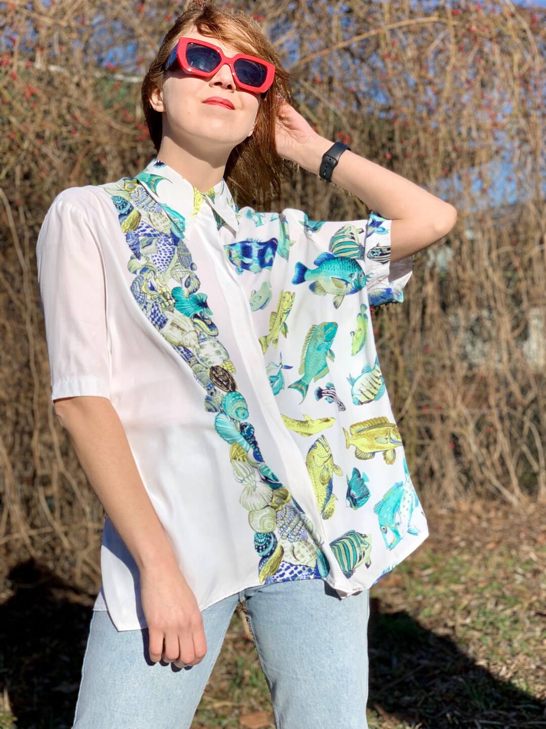 Vintage Funny Fish Pattern Shirt - Retro Women's Oversized Button up ...