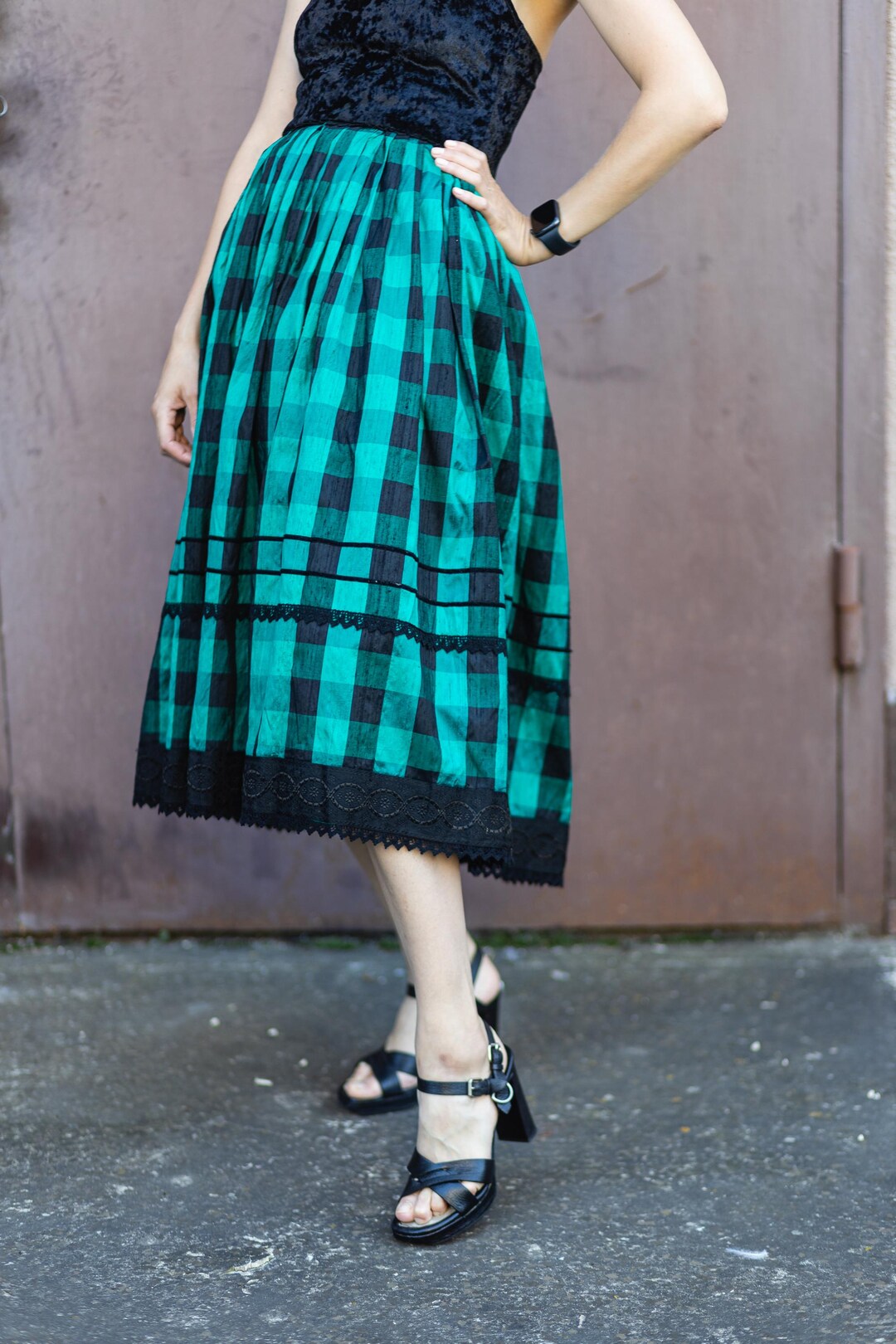 Vintage Silk Skirt - Green Plaid Skirt With Lace Trim - XS Size A Line ...