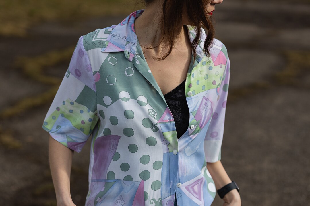 Vintage Pastel Blouse. Button up Short Sleeve Shirt in Soft, Feminine ...