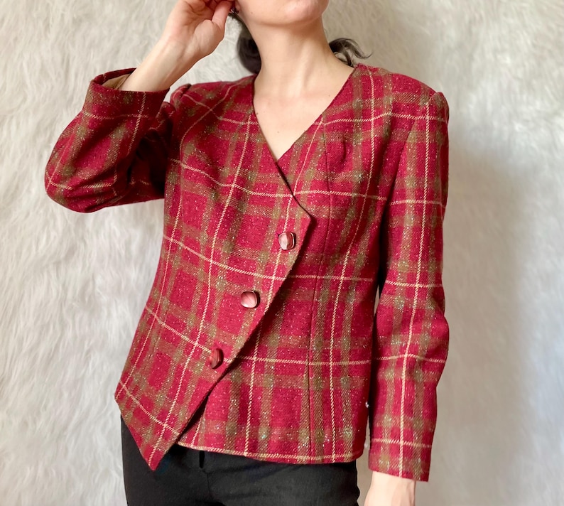 Vintage Plaid Wool Jacket - Red Asymmetrical Short Womens Blazer - Etsy UK