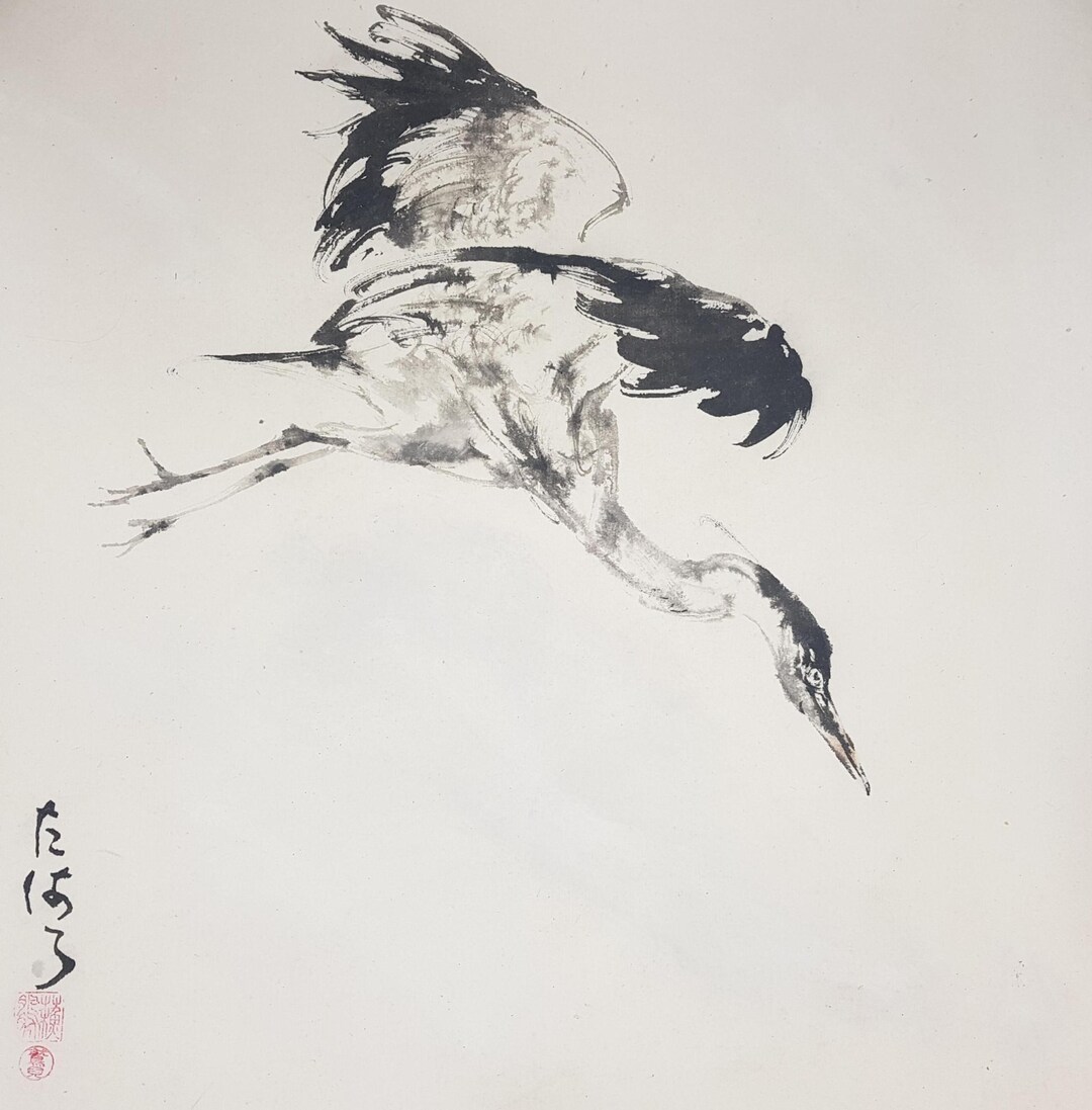 Original Heron Sumi E Painting: Chinese Brush Painting, Japanese Ink ...