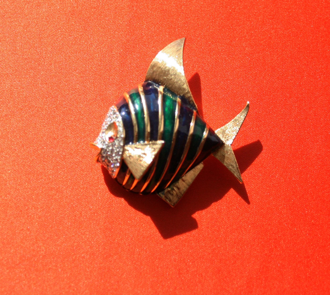 D'ORLAN Original Vintage Fish Brooch, 18 Kt Gold-plated, Enamel in Blue ...