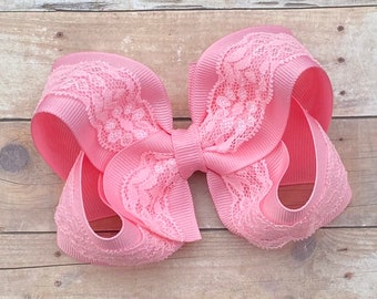 Pink Lace Hair Bow | Etsy