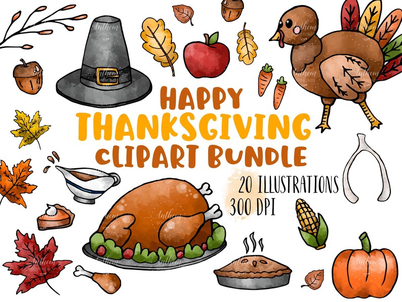 THANKSGIVING Watercolor Clipart - Holiday Printables - Kids Clipart ...