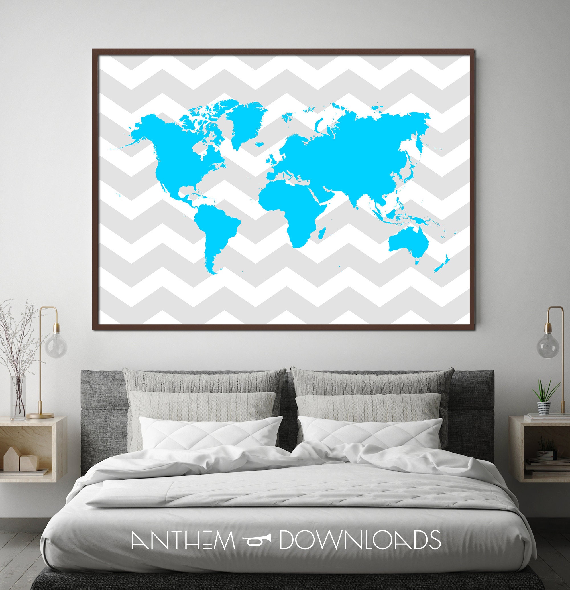 Chevron World Map Poster Gray and Blue Nursery Decor - Etsy