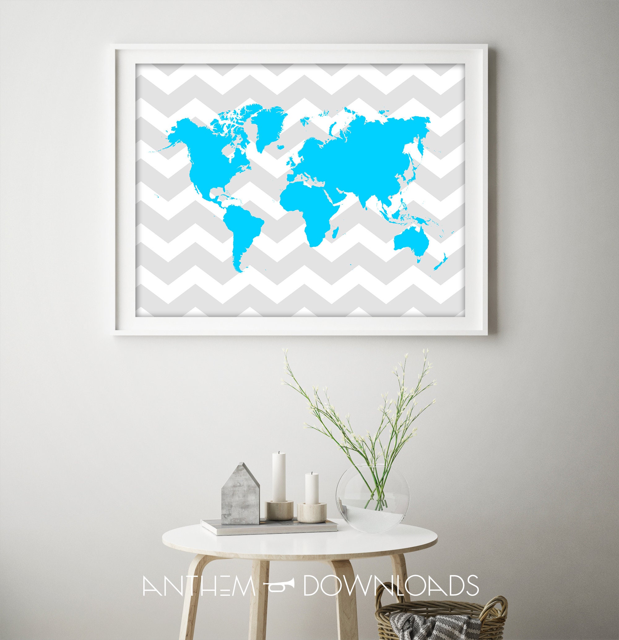 Chevron World Map Poster Gray and Blue Nursery Decor - Etsy