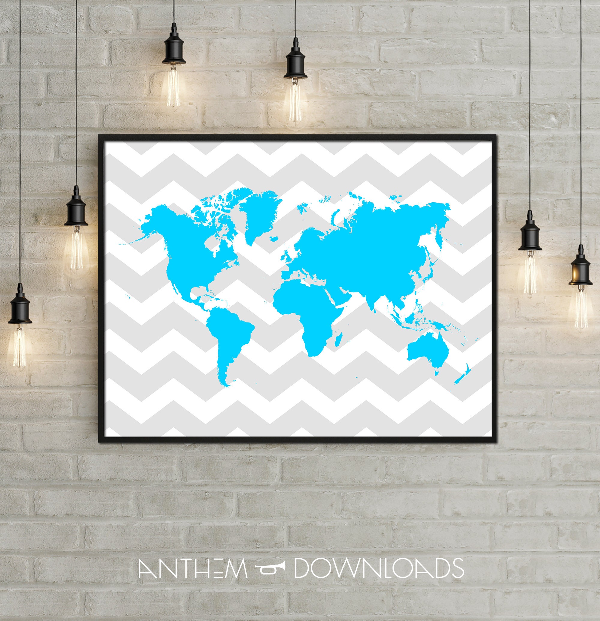 Chevron World Map Poster Gray and Blue Nursery Decor Boys Room Instant ...
