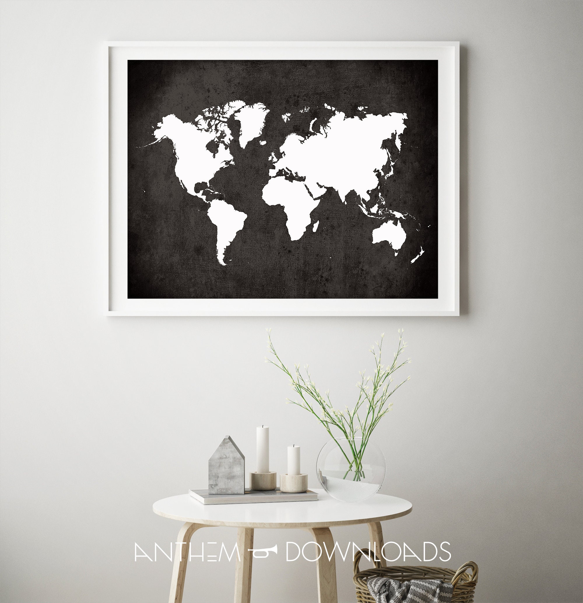 Black and White World Map Poster - Modern Travel Decor - Instant ...