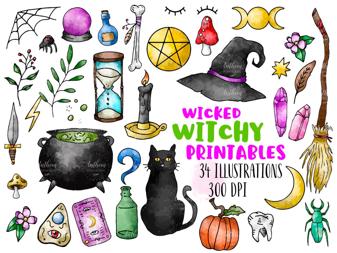 Witchy Things Clipart - Watercolor Witchy Clipart - Cute Witch Symbols ...