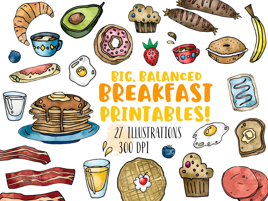 BREAKFAST Watercolor Clipart - Food Printables - Kids Clipart - Cute ...