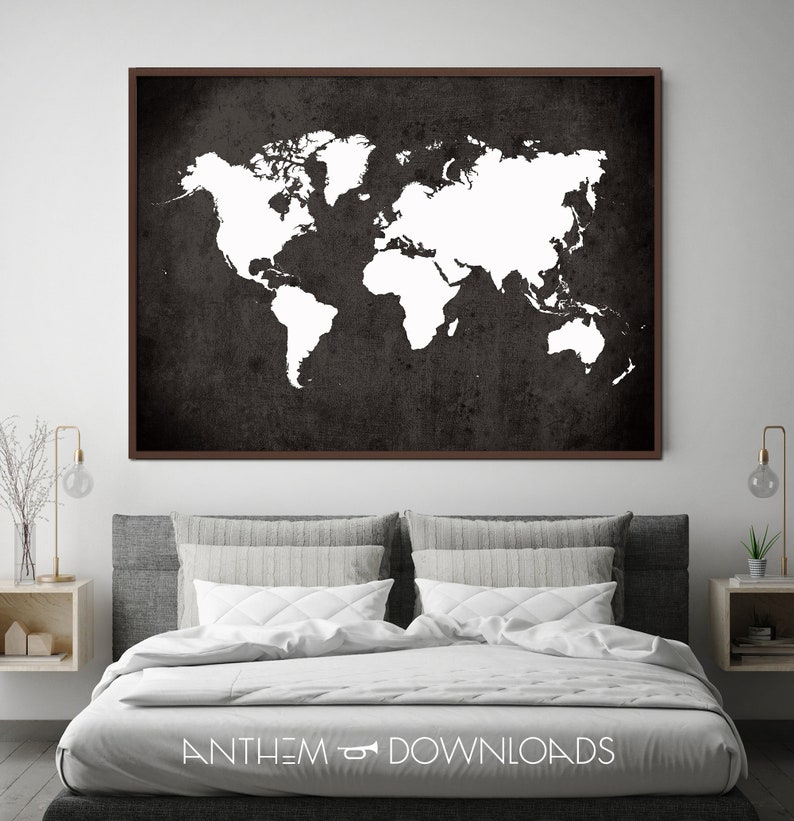 Black and White World Map Poster - Modern Travel Decor - Instant ...