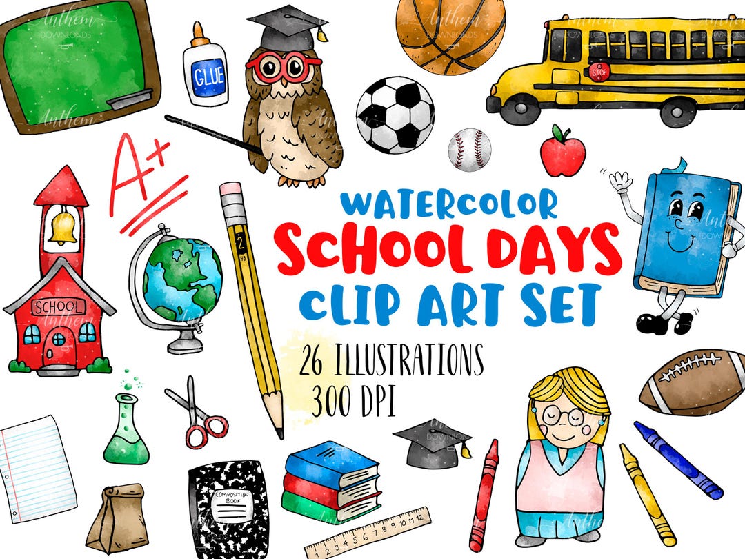 SCHOOL DAYS Watercolor Clipart - Cute Teacher Printables - Fun Kids Art ...