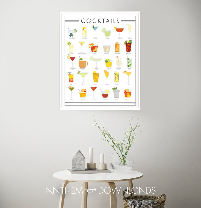 Printable Cocktail Chart Food and Drink Print Digital Kitchen Wall Art ...