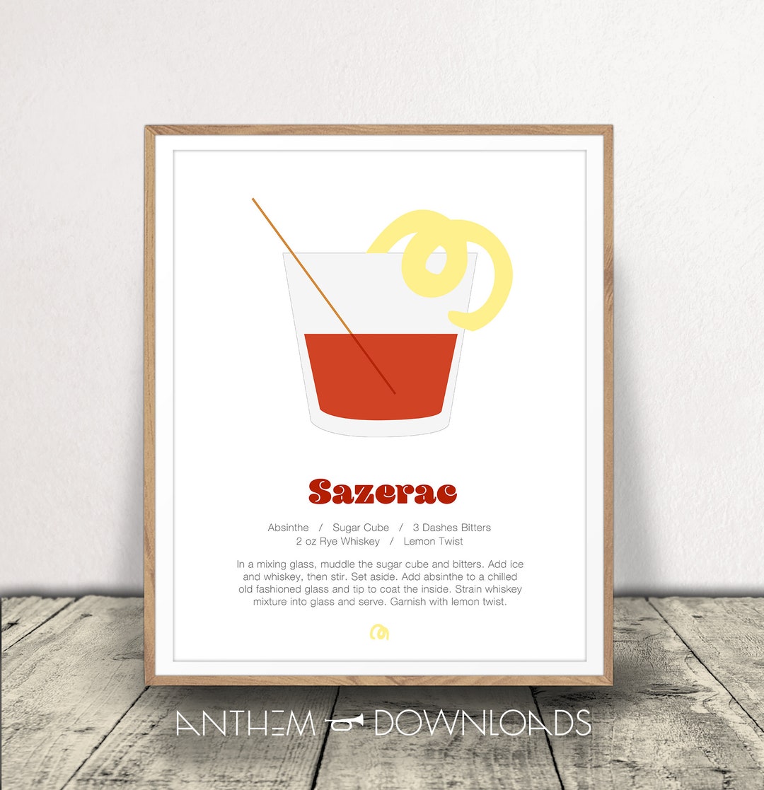 Sazerac Print - Cocktail Poster - Food and Drink Art - Bar Cart Decor ...