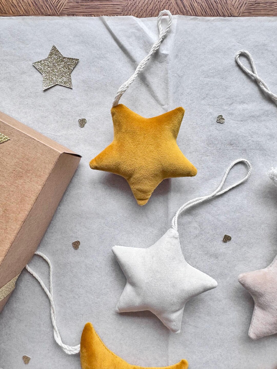 Velvet Star Ornament – Mustard, Beige & Cream, Handmade Christmas Tree ...