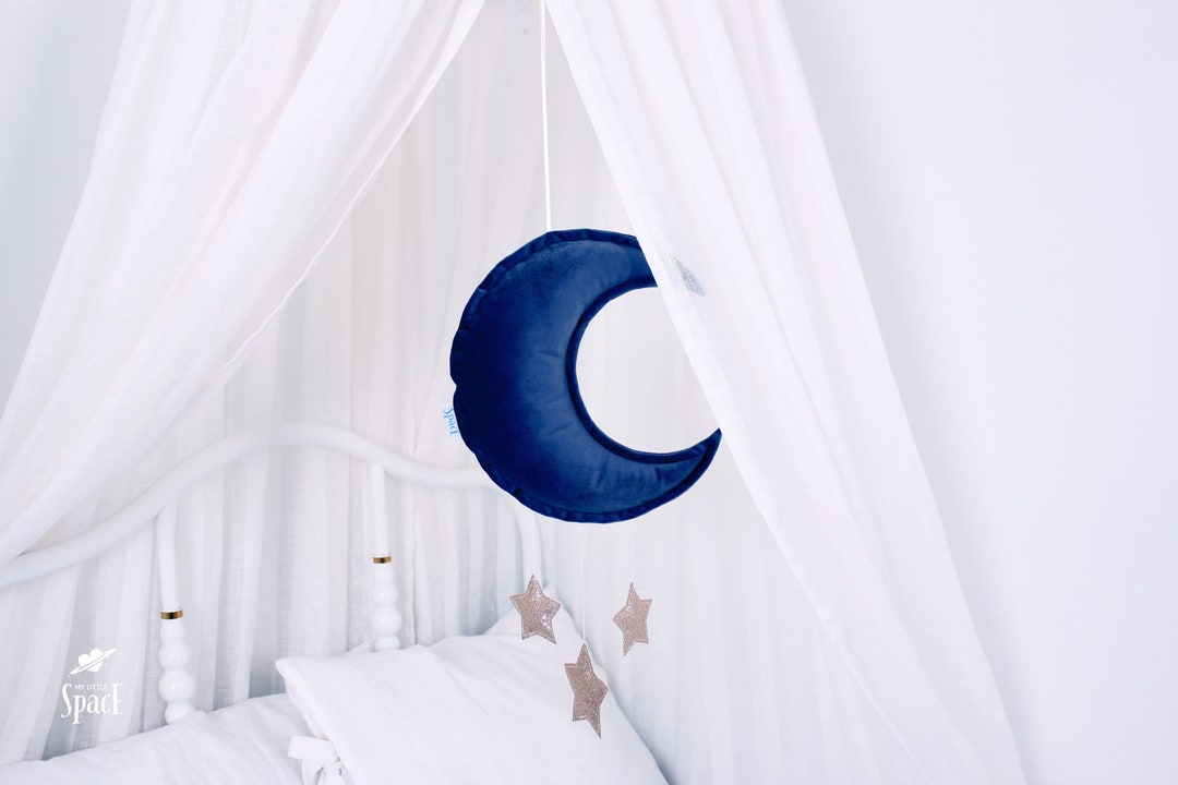 Navy Blue Velvet Crescent Moon Mobile, Golden Star Hanging Decor ...